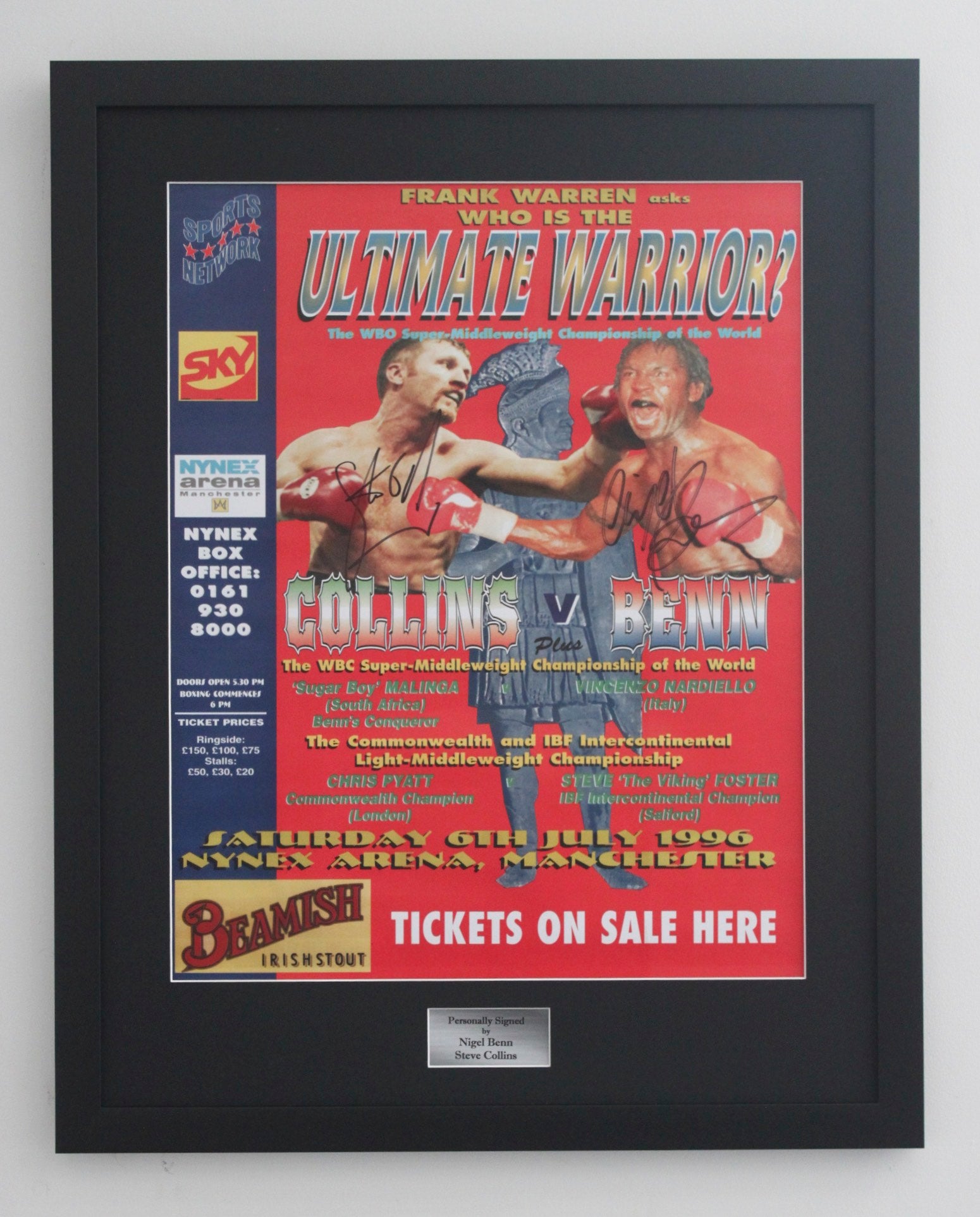 NIGEL BENN - STEVE COLLINS DUEL SIGNED FIGHT POSTER - CLASSIC FRAME